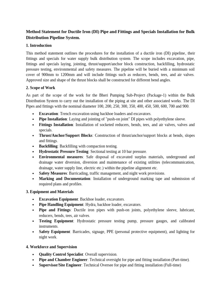 Method Statement DI Pipeline Laying | PDF | Pipe (Fluid Conveyance) | Mechanical Engineering
