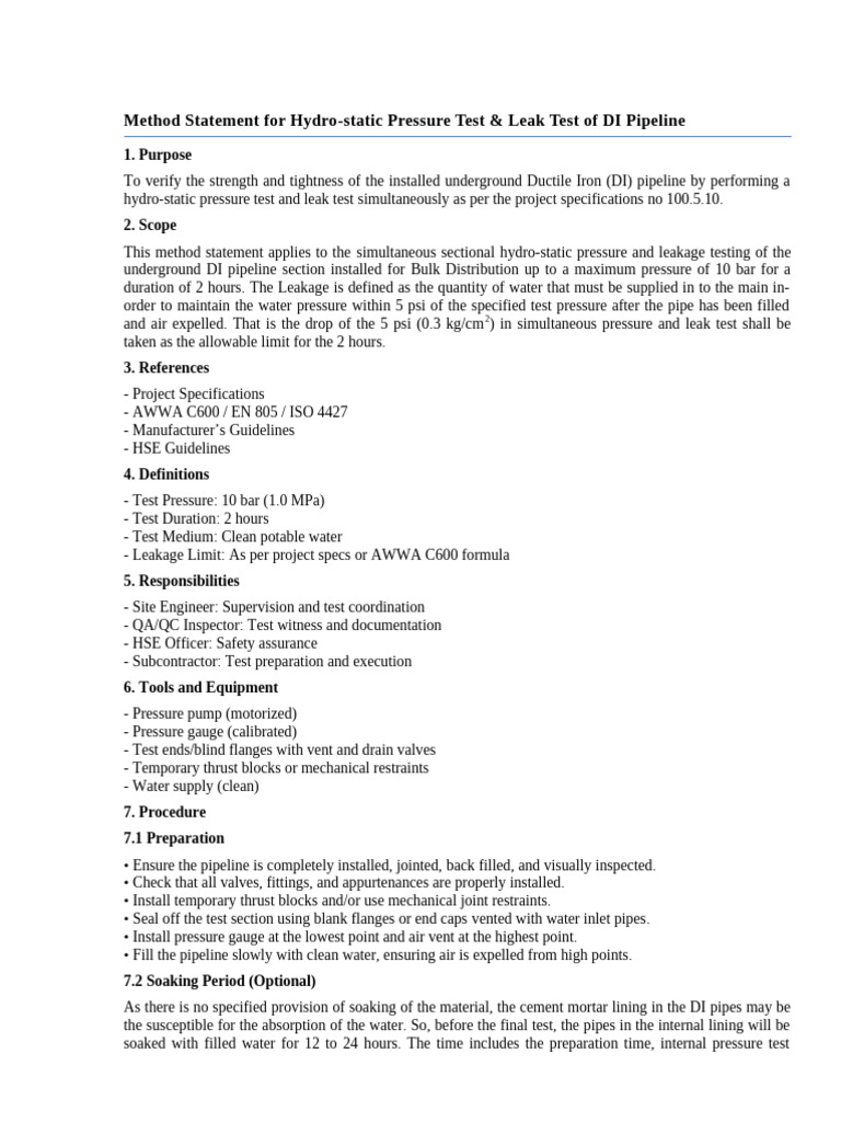 Hydrostatic Testing Method for DI Pipeline | PDF | Leak | Pipe (Fluid ...