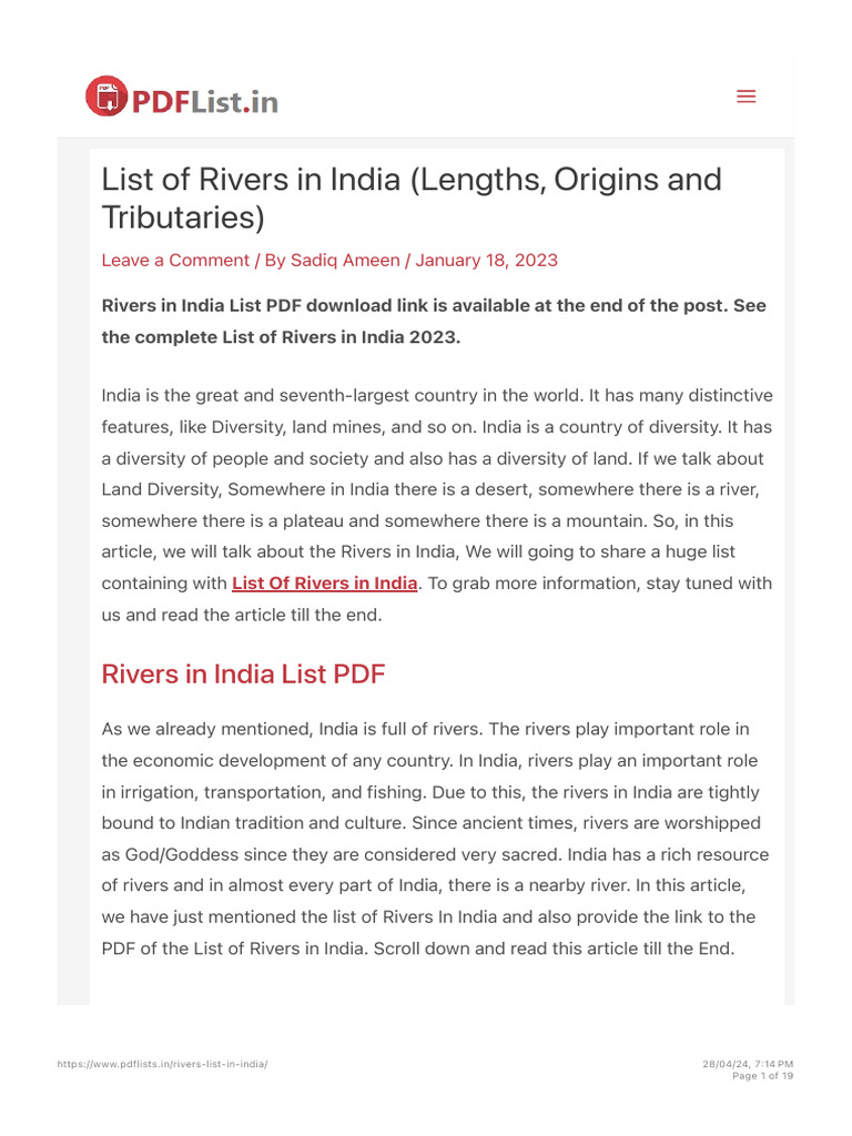 List of Rivers in India (Lengths, Origins and Tributaries) - PDF List ...