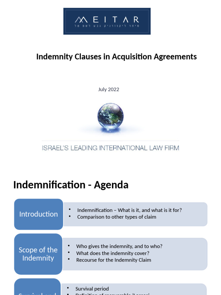 Indemnification in Acquisition Agreements Presentation - July 2022 | PDF | Indemnity | Insurance