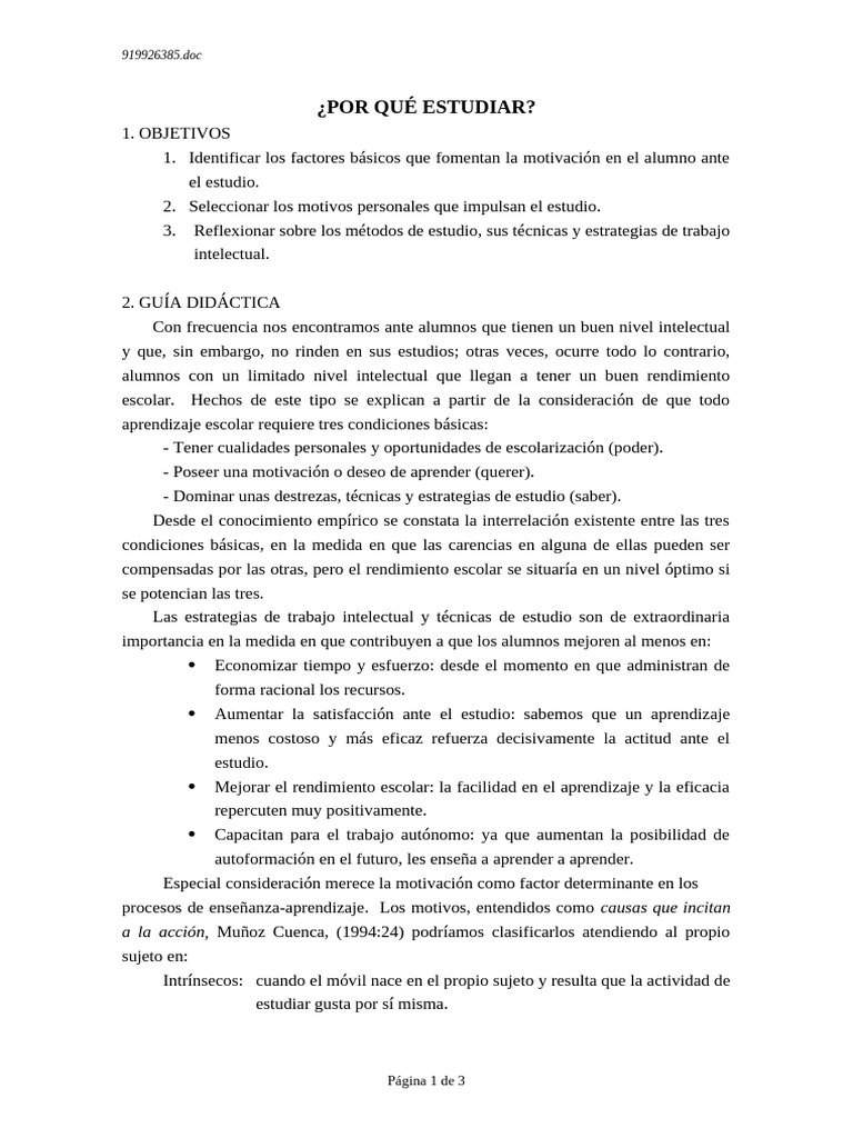 ES1 Por Que Estudiar. Motivación | PDF | Aprendizaje | Motivación