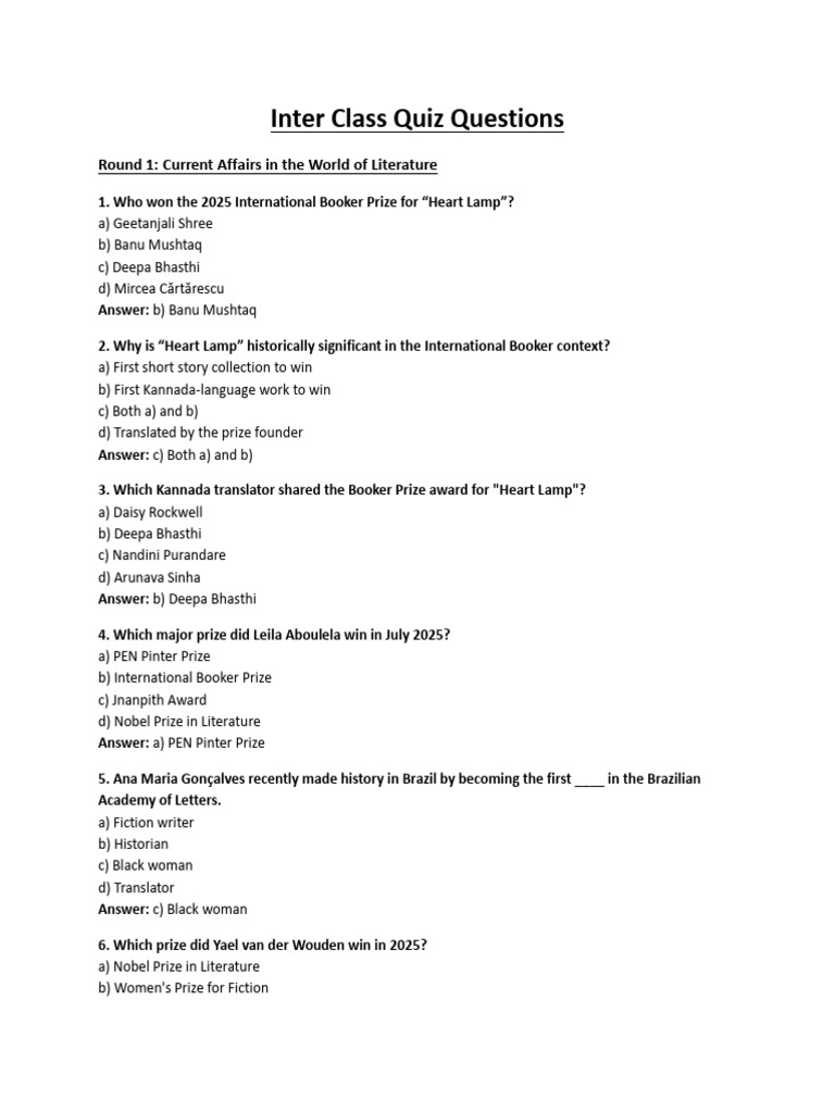 Inter Class Literature Quiz Questions | PDF | J. K. Rowling