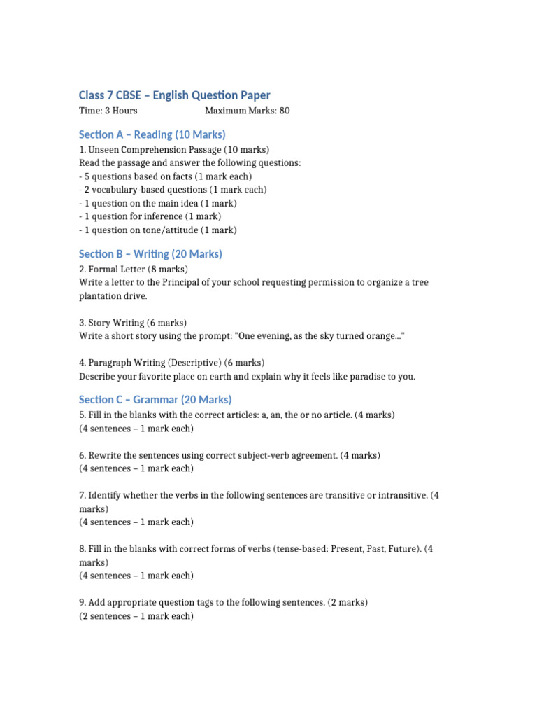 Class 7 CBSE English Question Paper | PDF