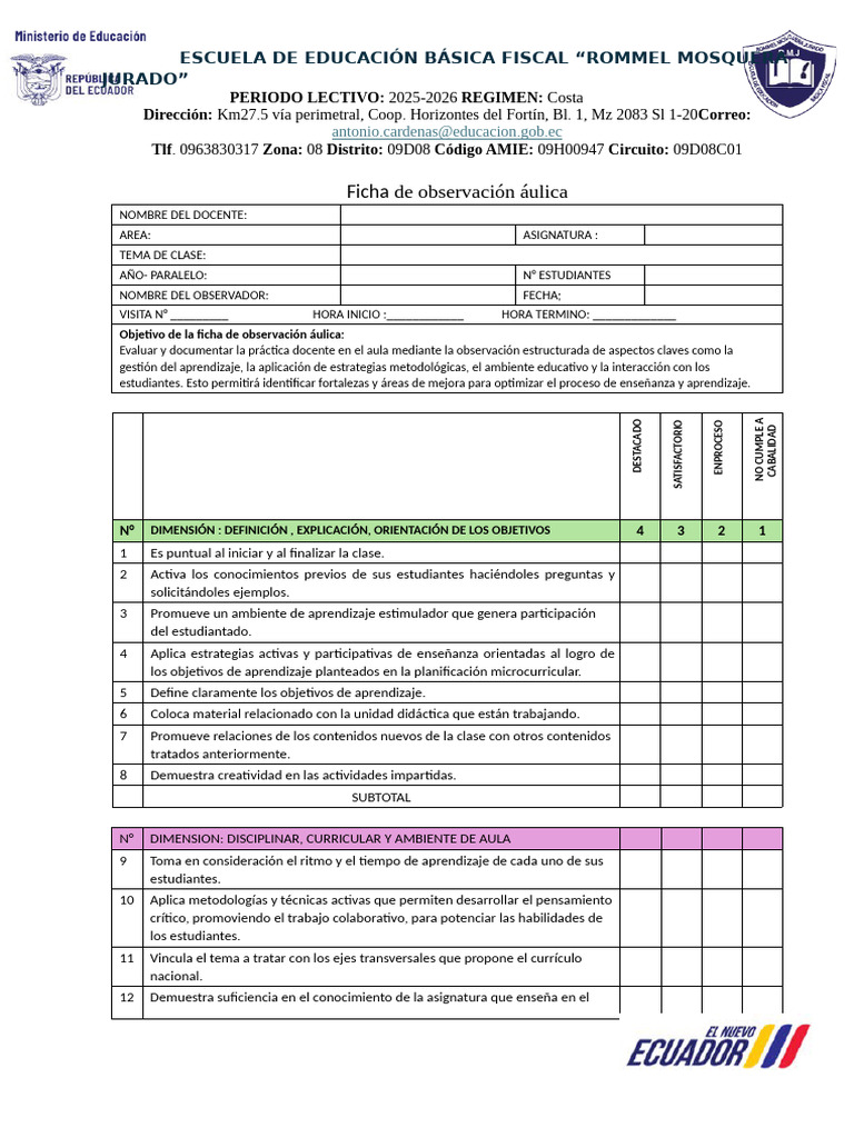Ficha de Observación de Clases L | PDF | Aprendizaje | Enseñando