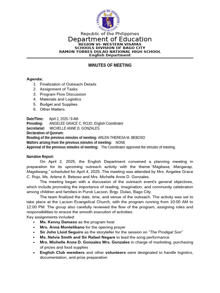 English Department Outreach Planning Meeting | PDF