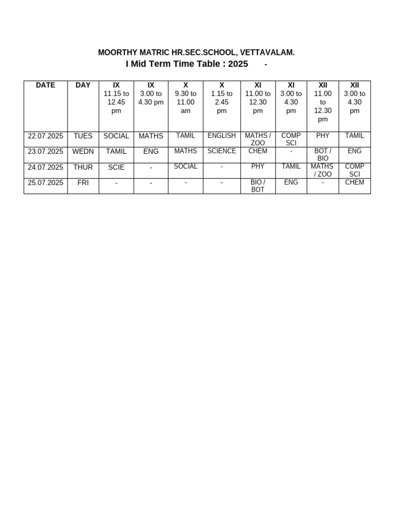 I Mid Term Time Table 2025 | PDF