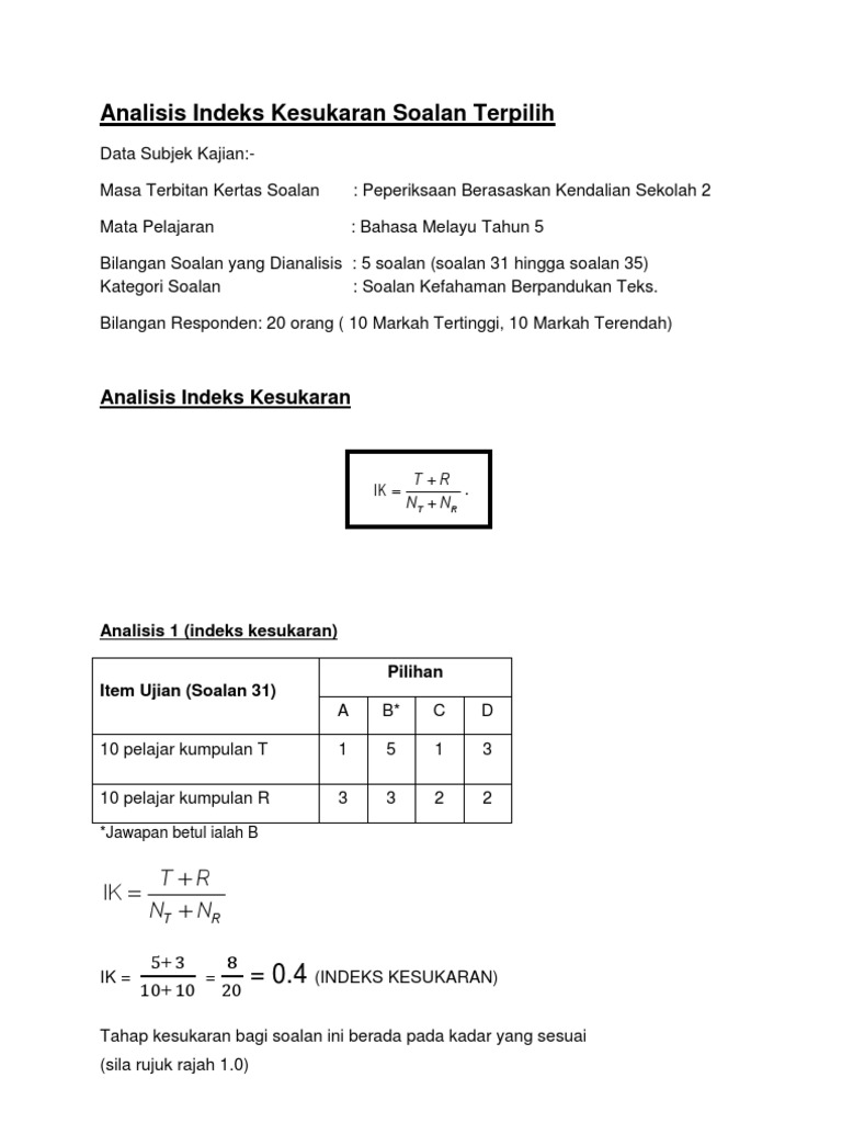 Analisis Indeks Kesukaran Soalan Terpilih | PDF