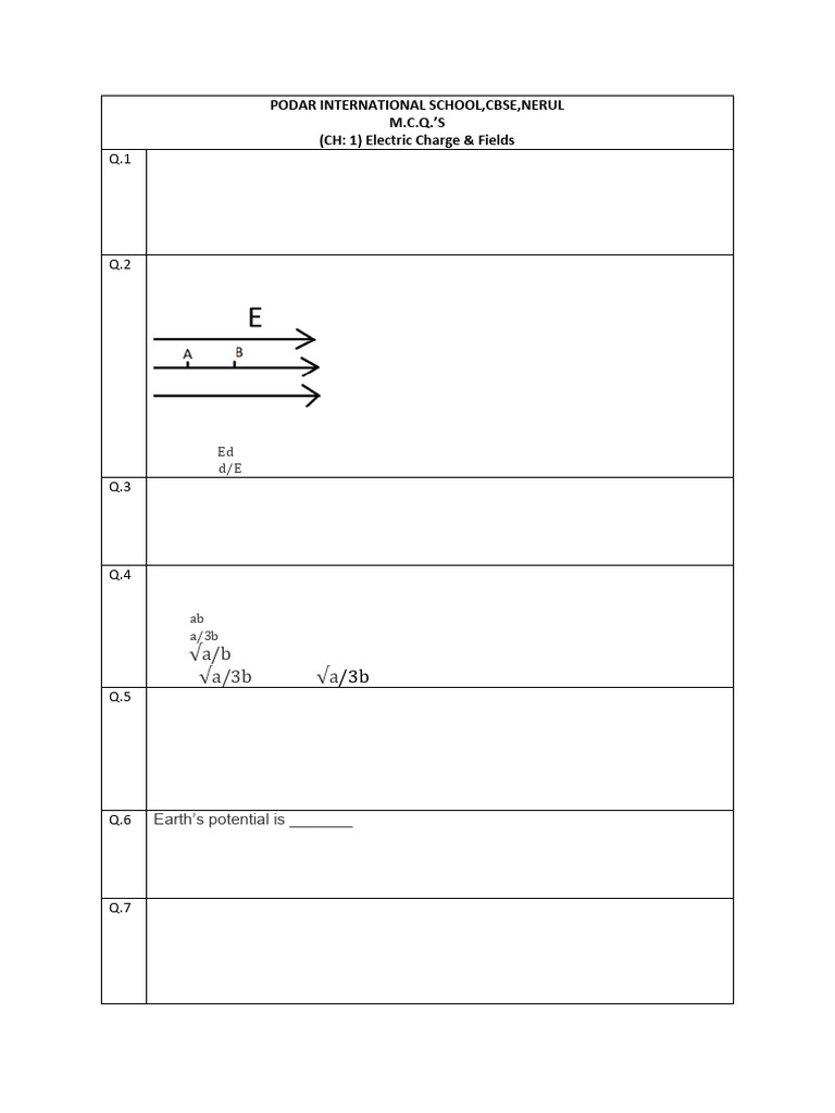 Practice Paper - MCQ - XII - Physics - Electrostatic Potential and Capacitance1 | PDF ...