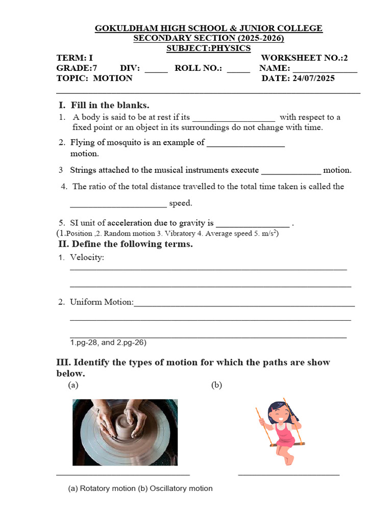 Physics Worksheet - Grade 7 - Motion Ch-2 | PDF | Speed | Velocity