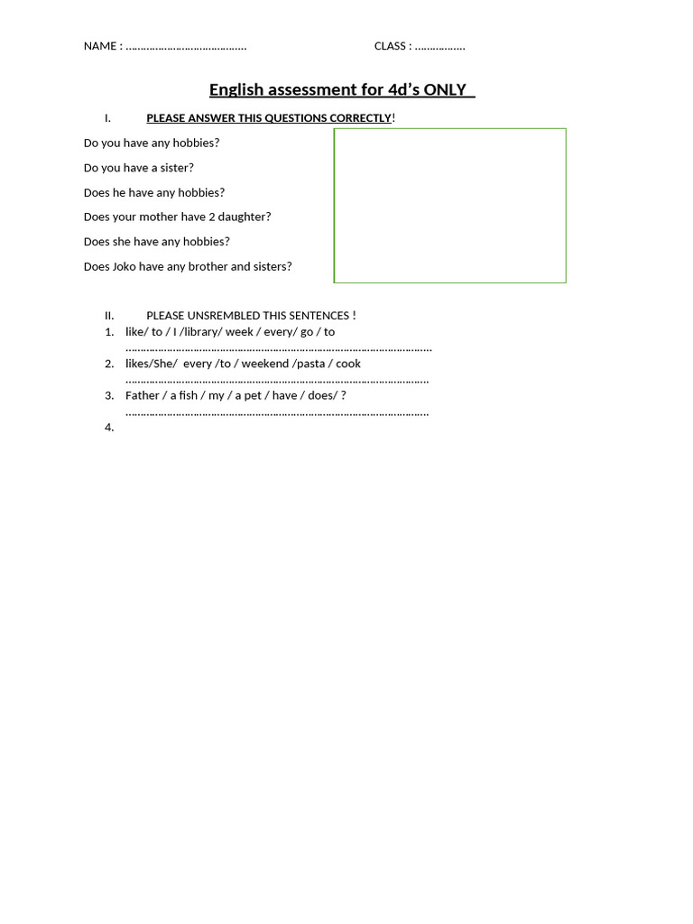 English Assessment For 4d | PDF