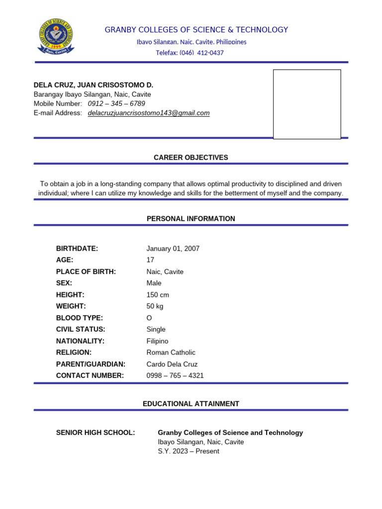 Shs Work Immersion Resume Template | PDF