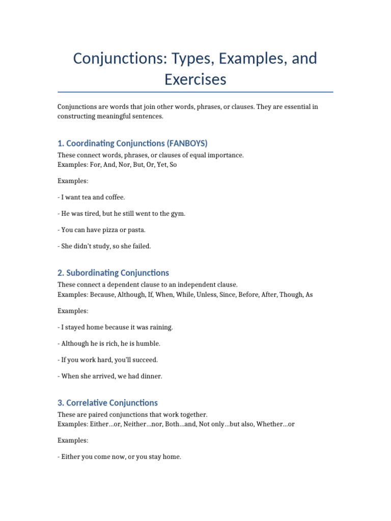 Conjunctions Types Examples Exercises With Answers | PDF