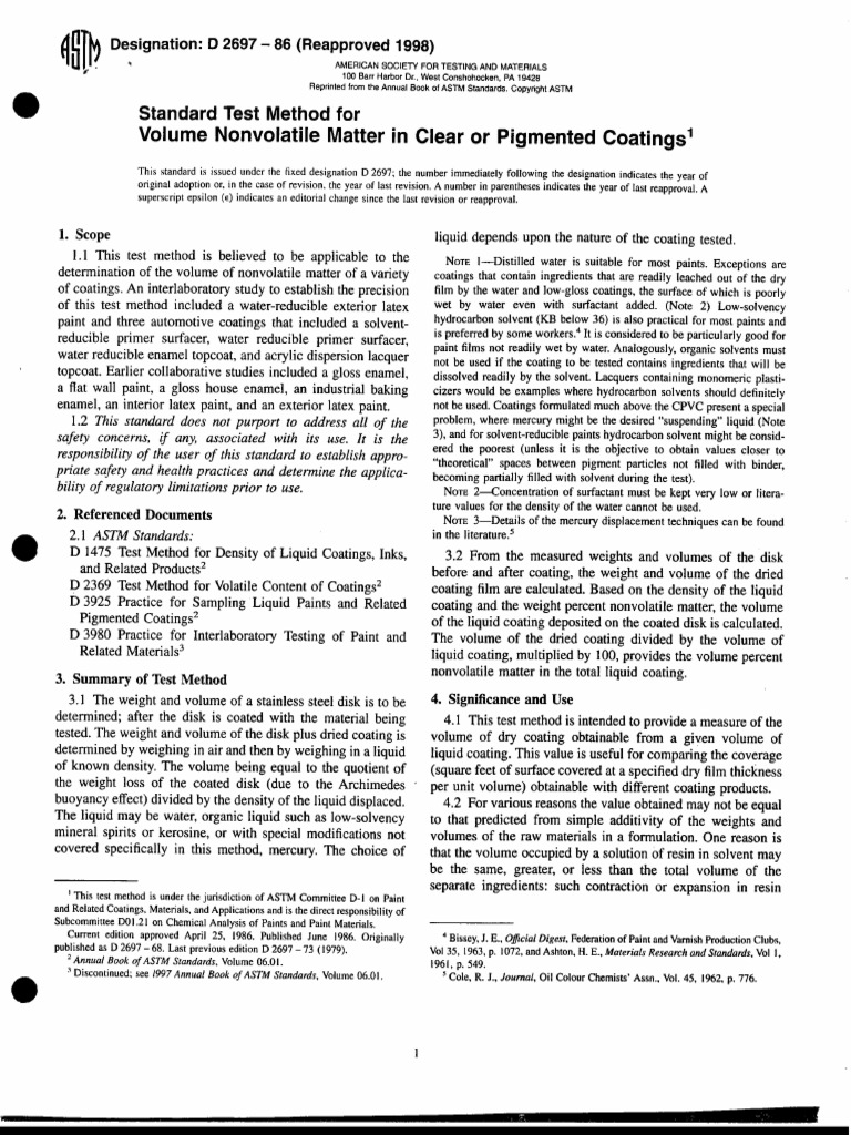 ASTM D2697-86 Reapp-98 Volume Nonvolatile Matter in Clear o | PDF