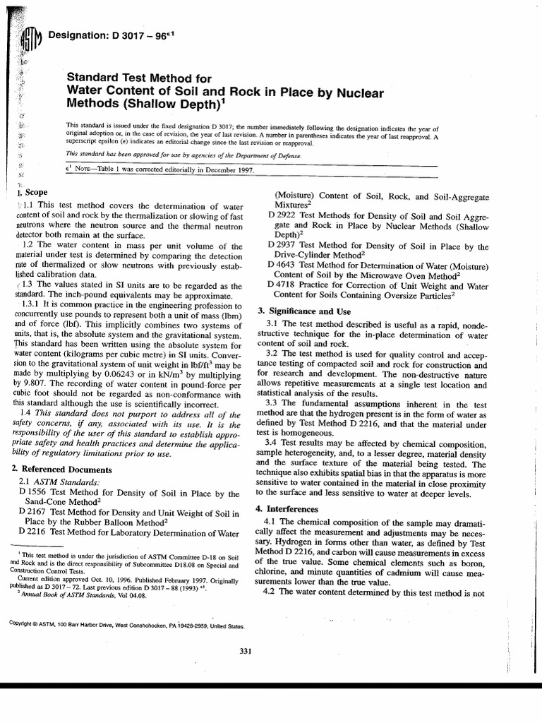 ASTM D 3017 96 Test Method For Water Content... | PDF