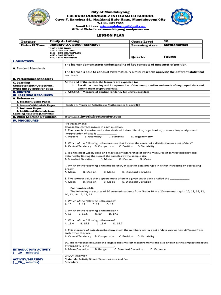 Statistics Lesson Plan for Grade 10 | PDF | Average | Mode (Statistics)