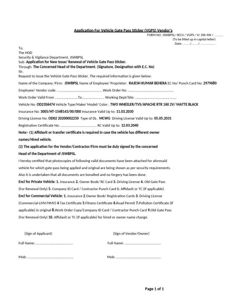 Application For Vehicle Gate Pass Sticker (VGPS) Vendor's | PDF ...