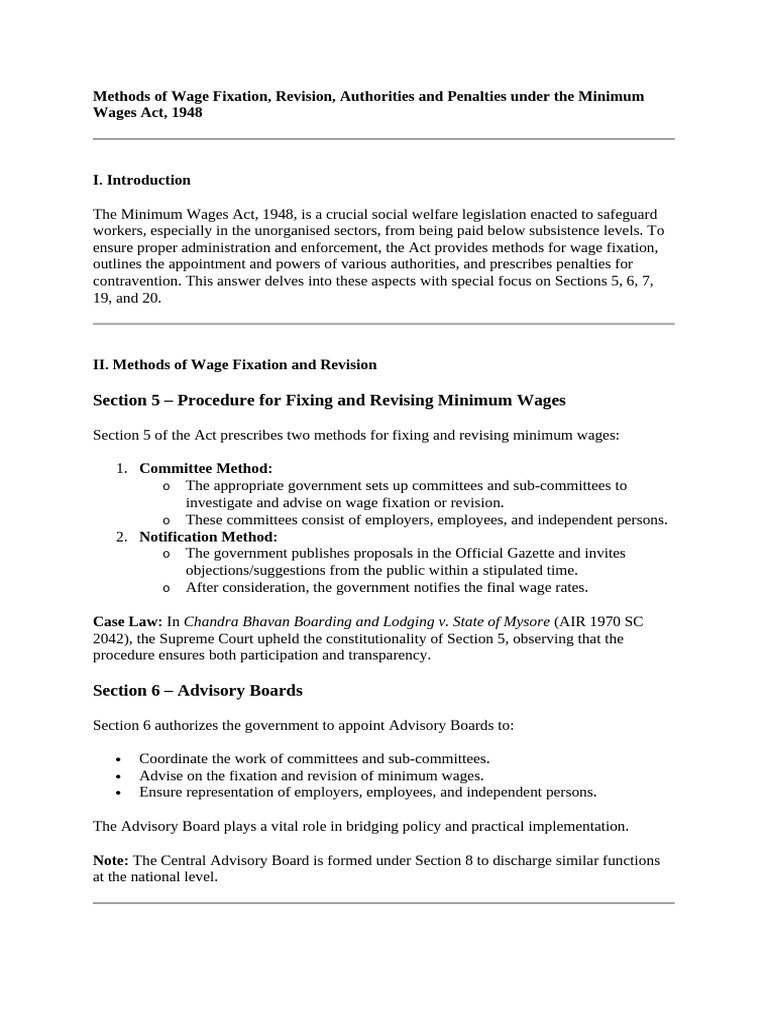 Wage Fixation Methods Under Minimum Wages Act | PDF | Government ...