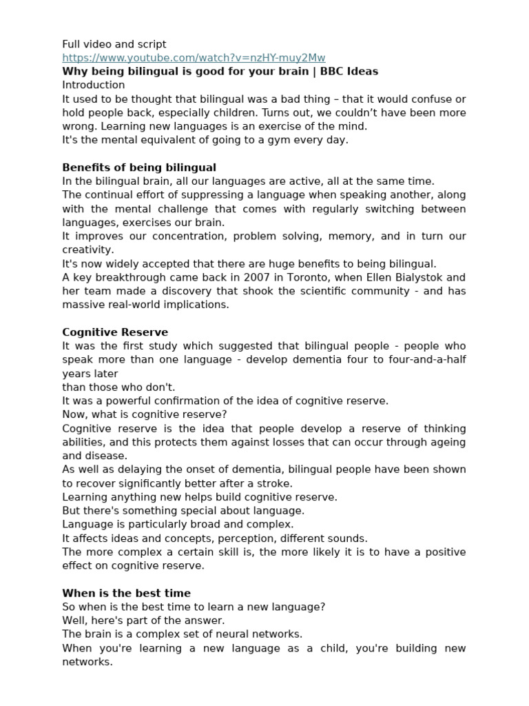 Why Being Biligual Is Good Script | PDF | Multilingualism | Psychology