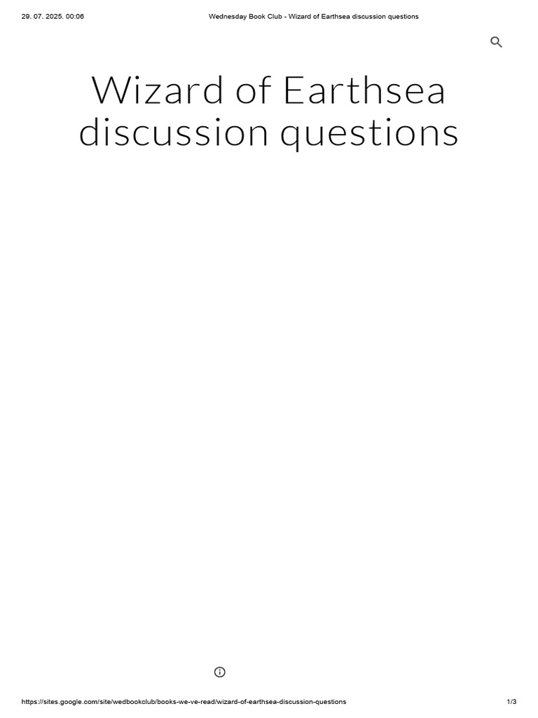 Wednesday Book Club - Wizard of Earthsea Discussion Questions | PDF ...