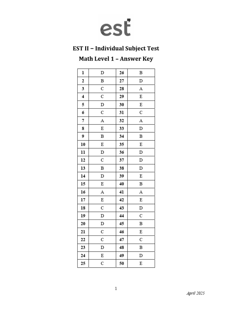 EST 2 Math Level 1 Answer Key Test Sample 4 | PDF
