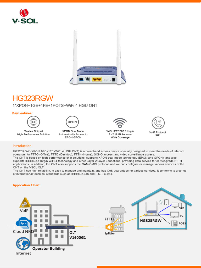XPON-HGU-HG323RGW-Datasheet-V2.0-EN-1 | PDF | Wi Fi | Fiber To The X
