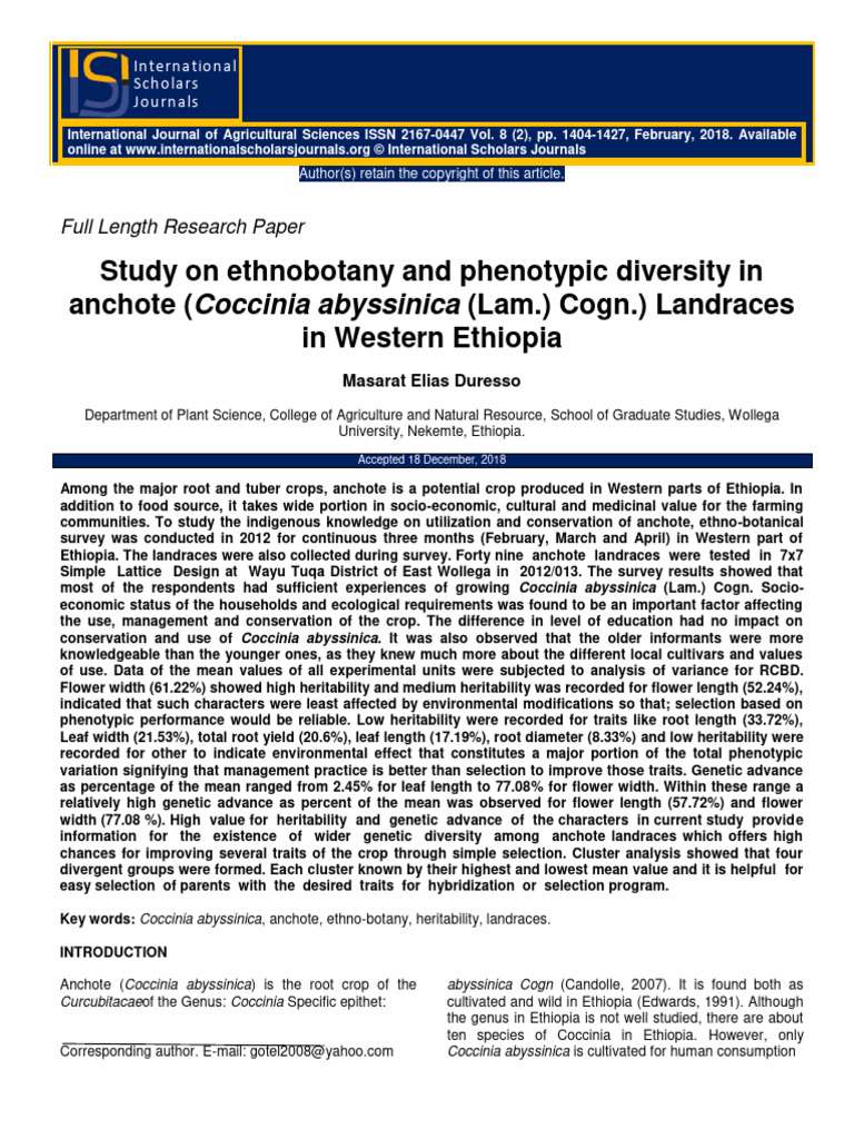 Ethnobotany and Diversity of Anchote Landraces | PDF | Heritability ...
