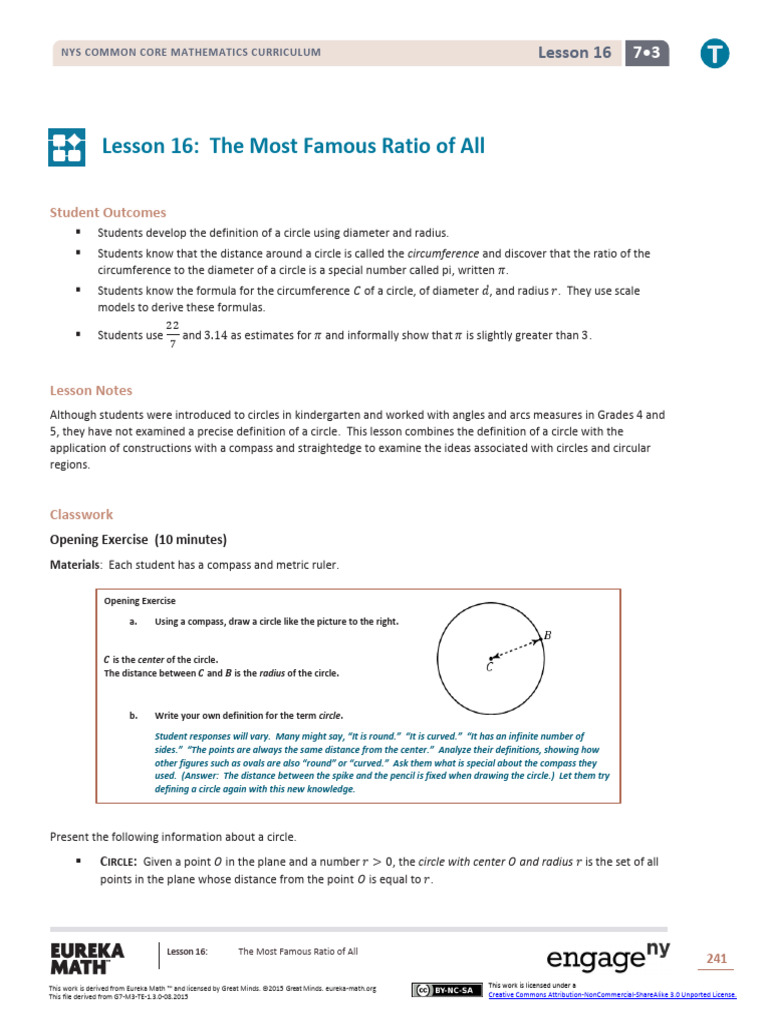 Math g7 m3 Topic C Lesson 16 Teacher | PDF | Circle | Pi