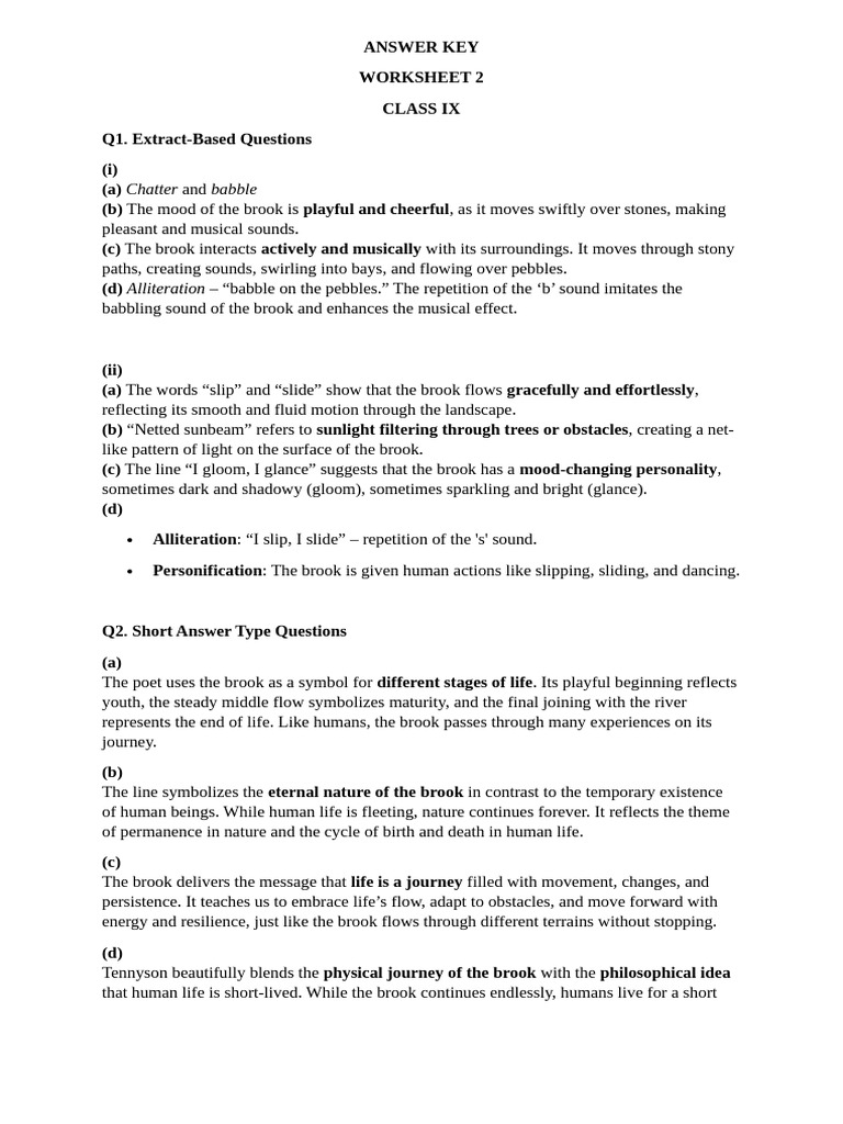 ANSWER KEY WORKSHEET 2 CLASS IX | PDF