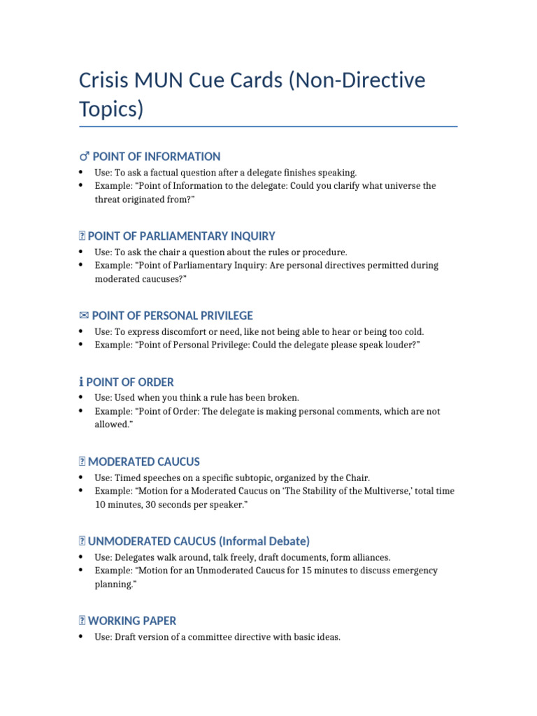 Crisis MUN Cue Card Guidelines | PDF