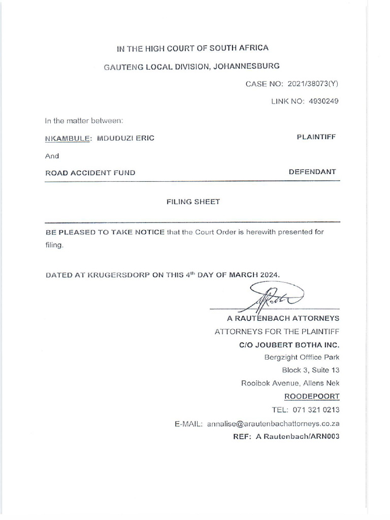 Filing Sheet and Court Order | PDF