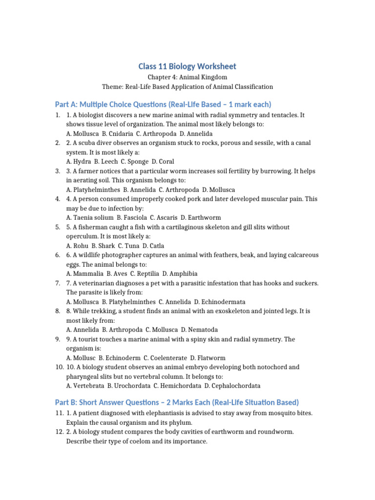 Class 11 Biology Worksheet Animal Kingdom | PDF | Vertebrates | Biology