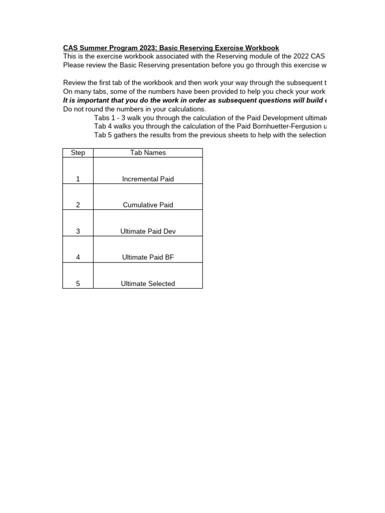 CAS 2023 Summer Program Reserving Workbook | PDF | Weighted Arithmetic ...