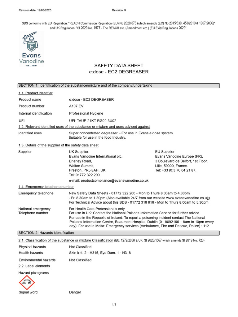 e:dose EC2 Degreaser Safety Data Sheet | PDF | Workplace | Working ...