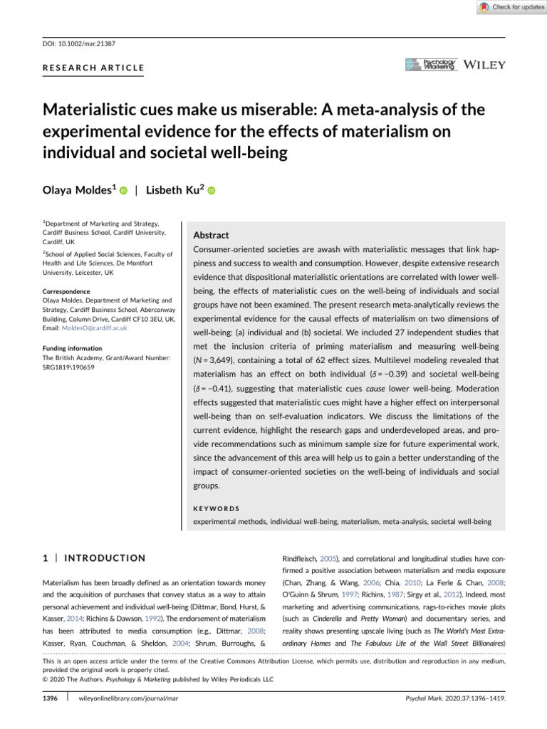 Materialistic Cues Make Us Miserable: A Meta Analysis of The Experimental Evidence For The ...