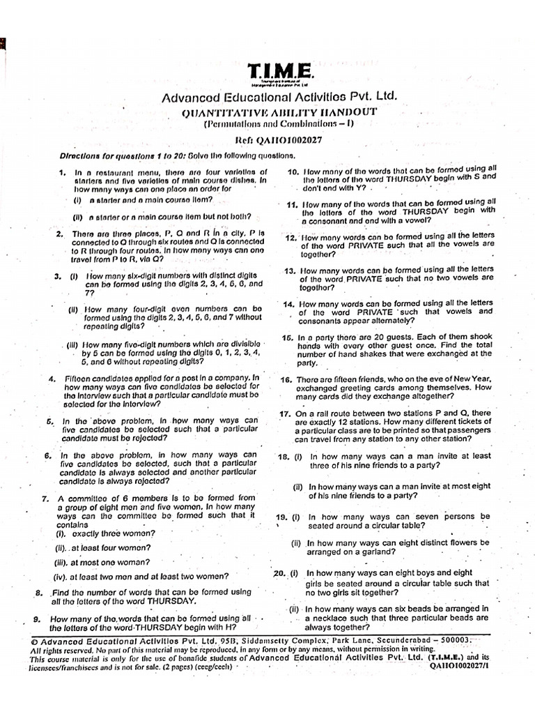 CAT Permutations and Combinations | PDF