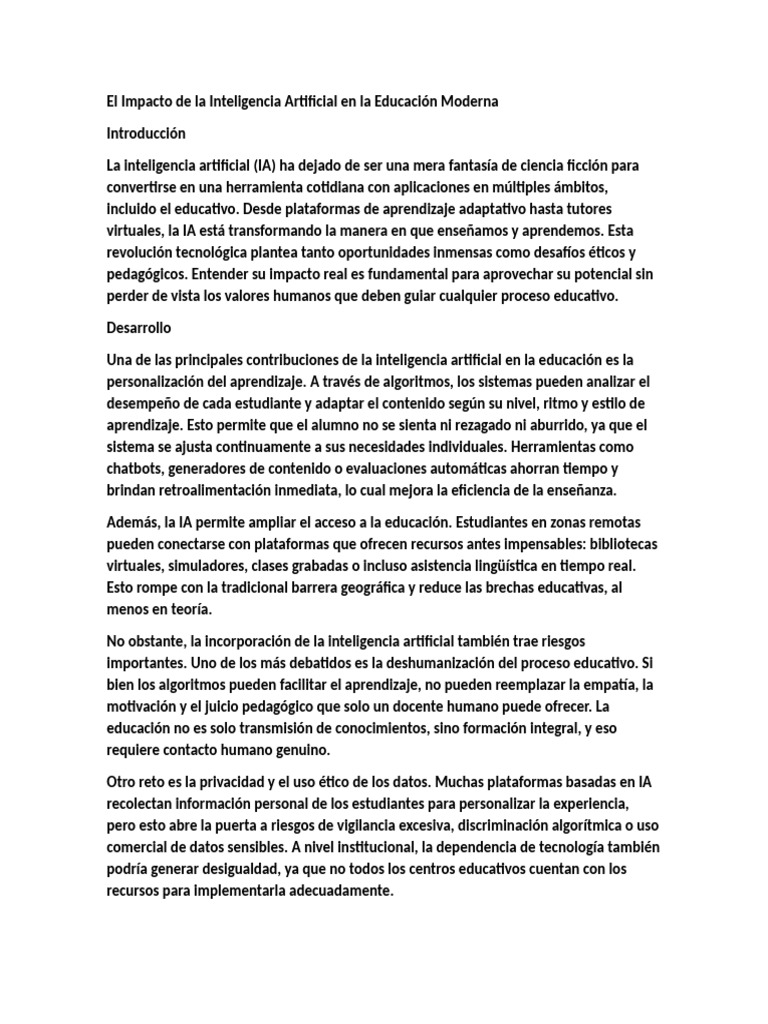 El Impacto de La Inteligencia Artificial en La Educación Moderna | PDF ...