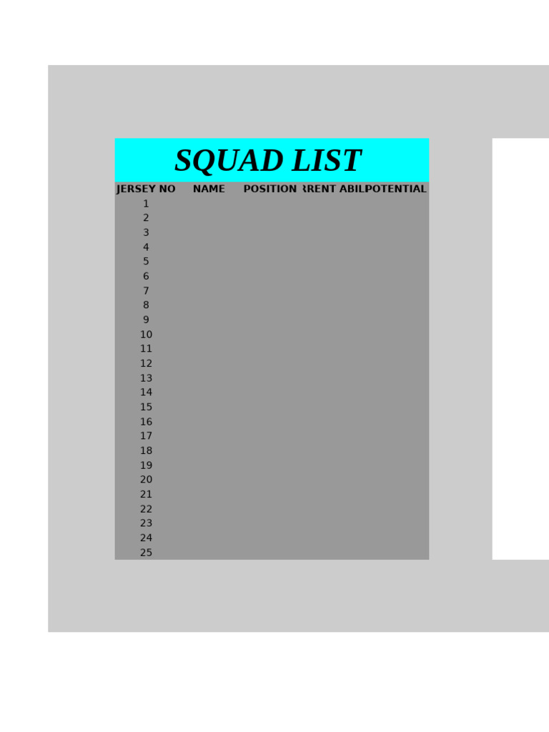 Squad List: Jersey No Name Position Current Ability Potential | PDF