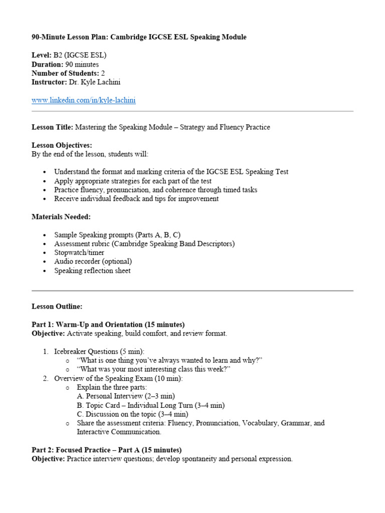 90-Minute Lesson Plan Cambridge IGCSE ESL Speaking Module | PDF | English As A Second Or Foreign ...