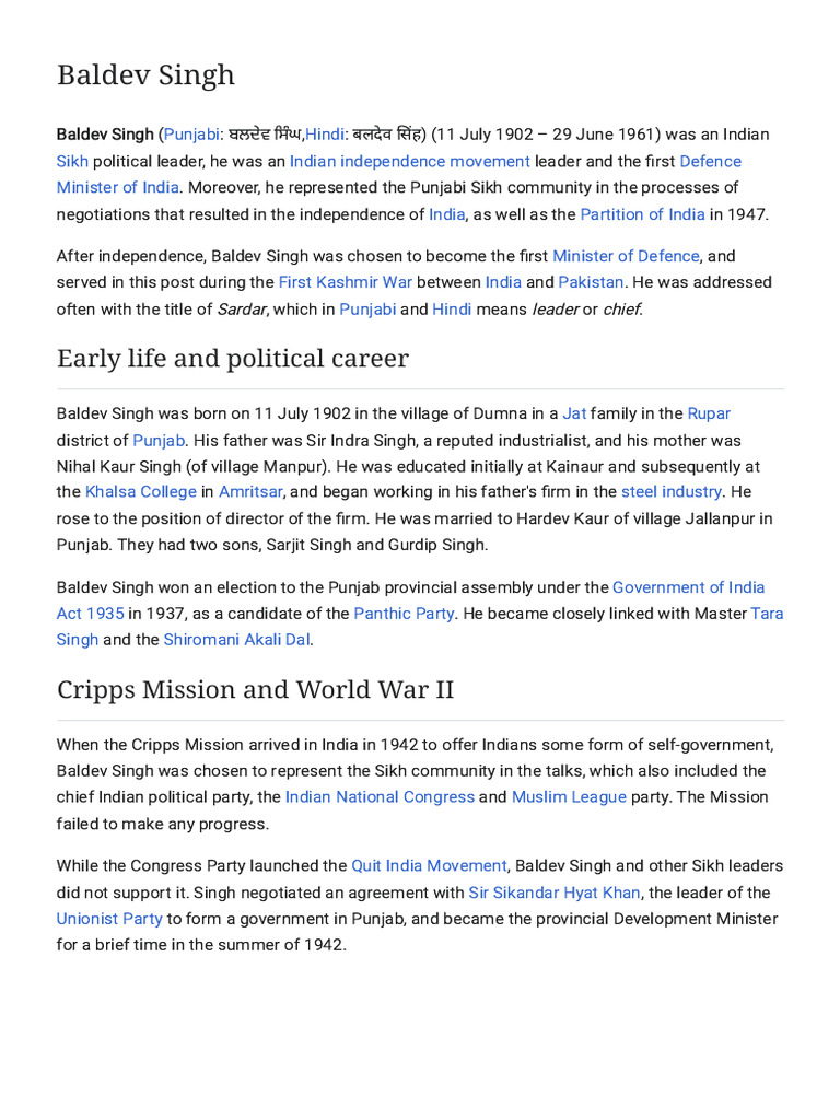 Baldev Singh | PDF | British India | Government Of India