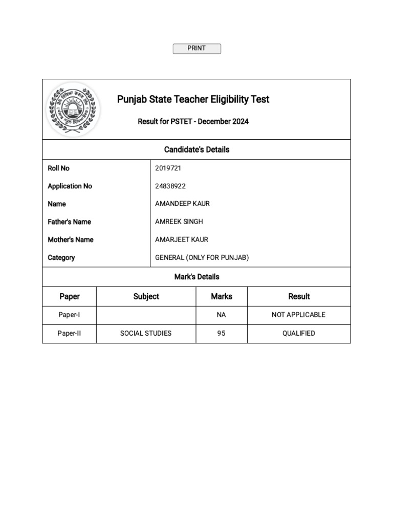 Pstet Result | PDF