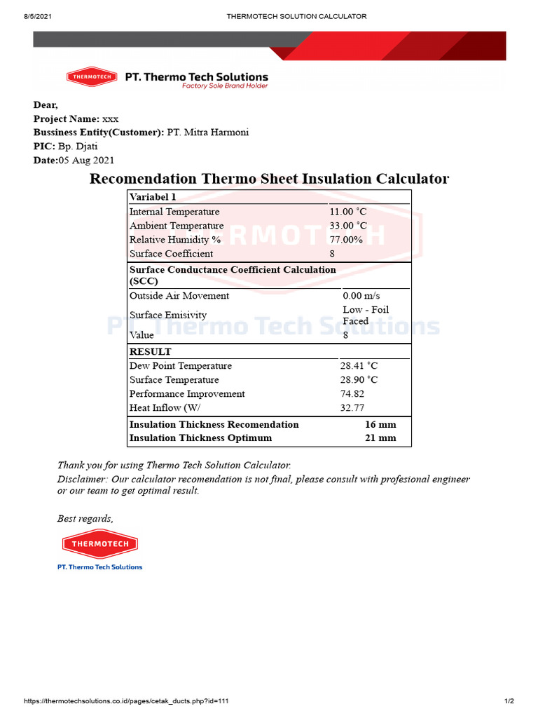 Thermotech Insulation Calculator Results | PDF