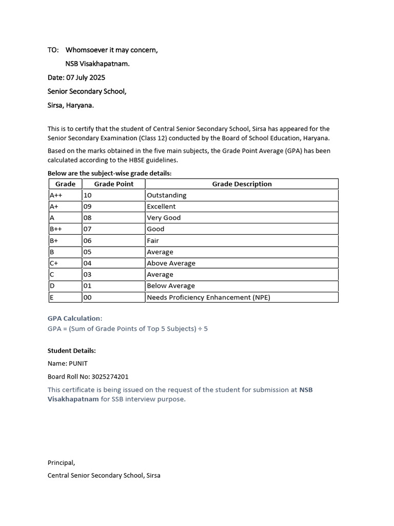 SSB GPA Certificate | PDF