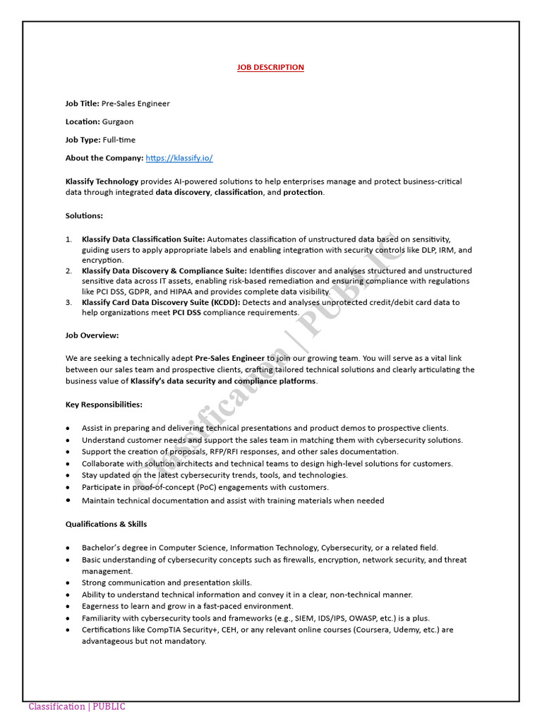 Pre-Sales Engineer Job at Klassify | PDF | Computer Security | Security