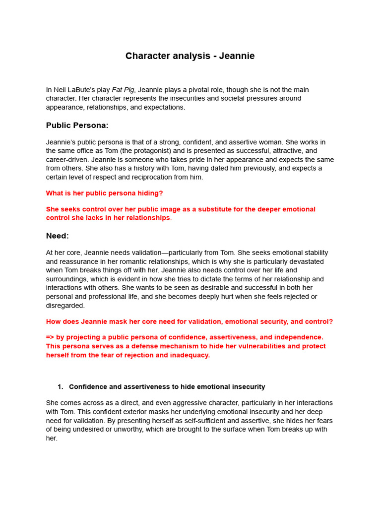 Character Analysis Jeannie - Fat Pig | PDF | Self Esteem | Beauty
