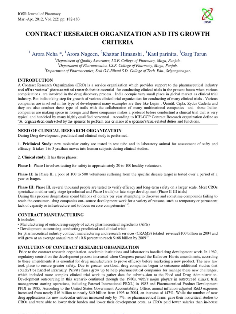 Contract Research Organization and Its Growth Criteria | PDF | Clinical ...