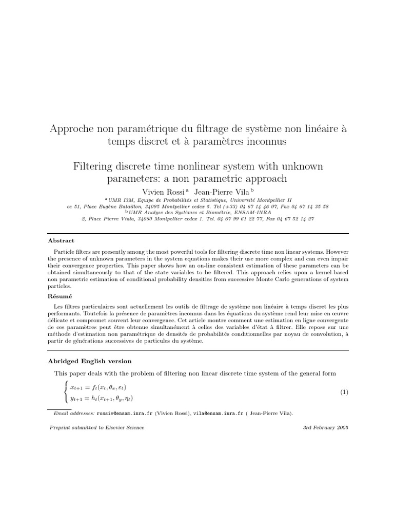 Approche Non Parametrique Du Filtrage de | PDF | Monte Carlo Method | Probability Density Function