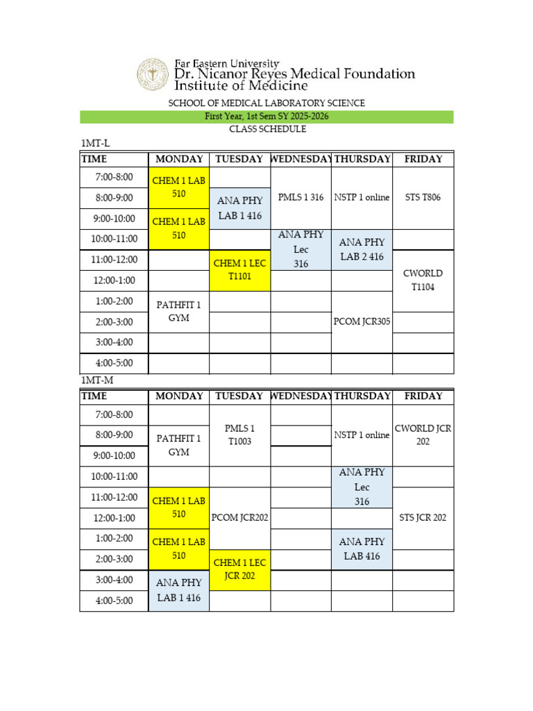 SMLS Class Schedule 1st Sem 2025 2026 As of July 11 2025 | PDF | Health Care