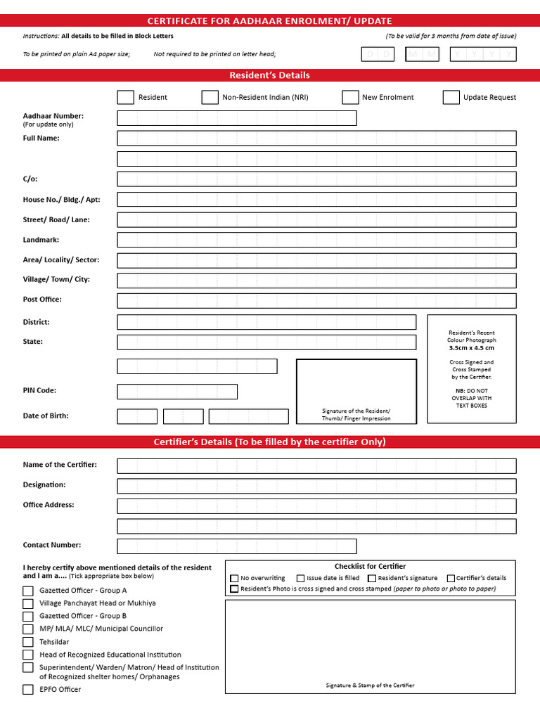 Certificate For Aadhaar Enrolment Update | PDF