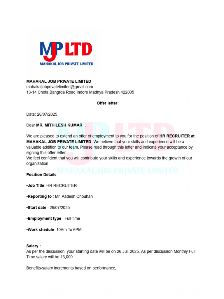 Mr. Mithilesh Kumar Offer Letter | PDF