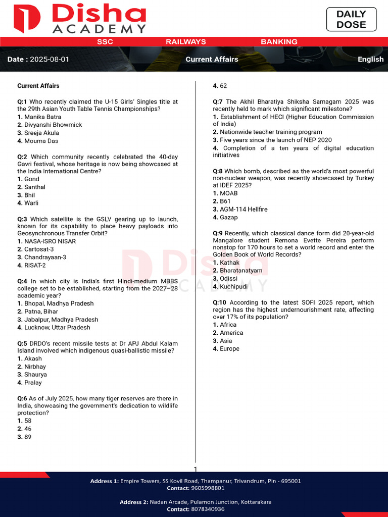 Current Affairs English 2025-08-01 Disha | PDF